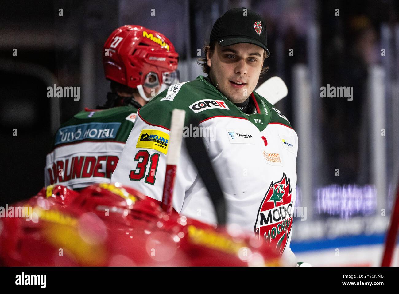 241219 Modos målvakt Olle Eriksson Ek under ishockeymatchen i SHL mellan Luleå och Modo den 19 ...