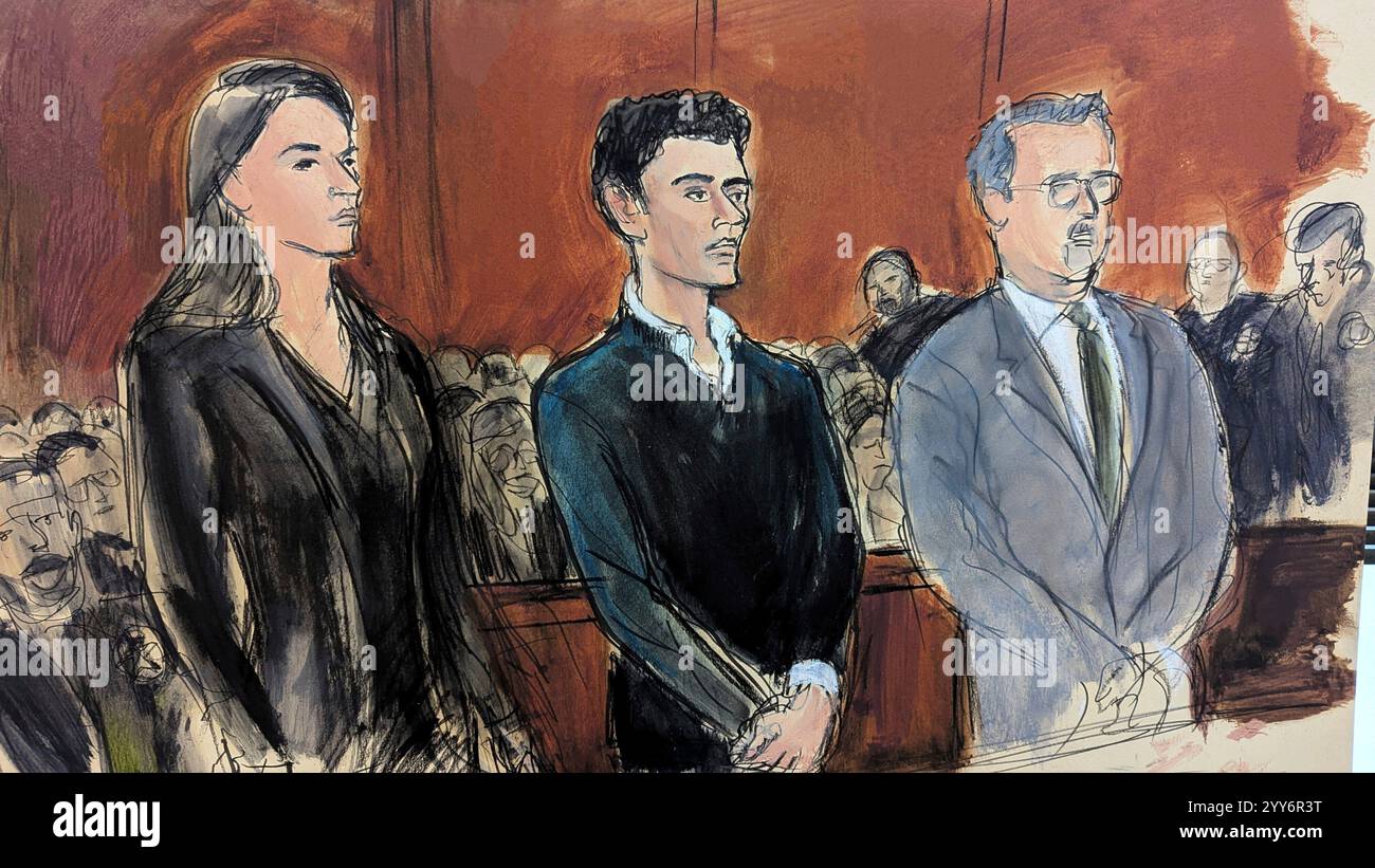 Luigi Mangione, center, stands flanked by his attorneys Karen Agnifilo ...