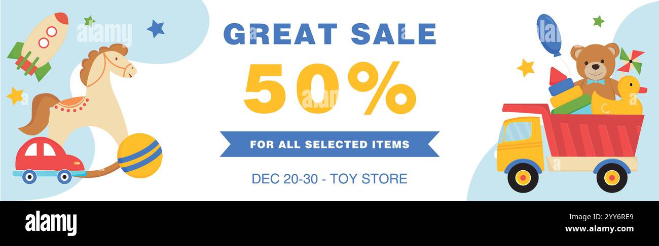Toy store banner template. Advertising banner with teddy bear, horse ...