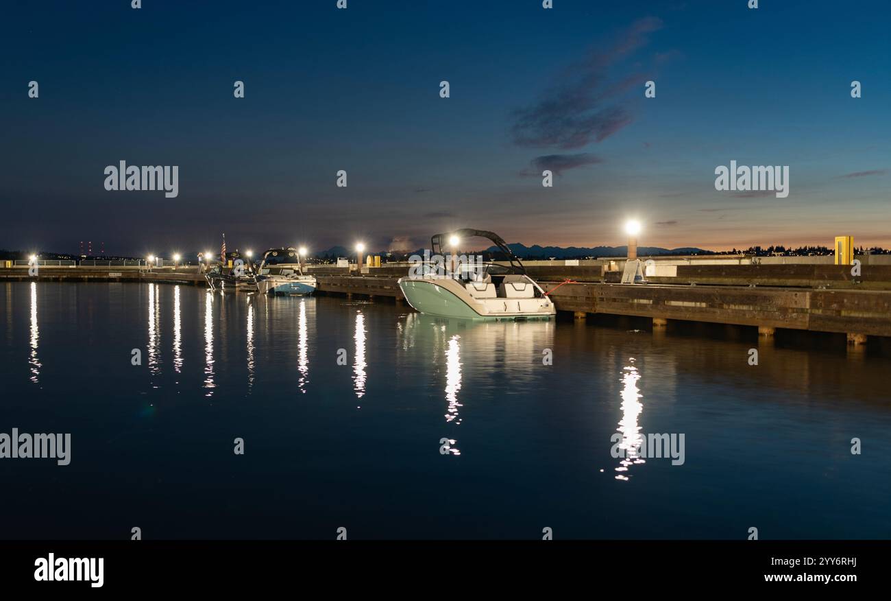 Night view. Yacht club. Marina in night. Summer vacation. Downtown city ...