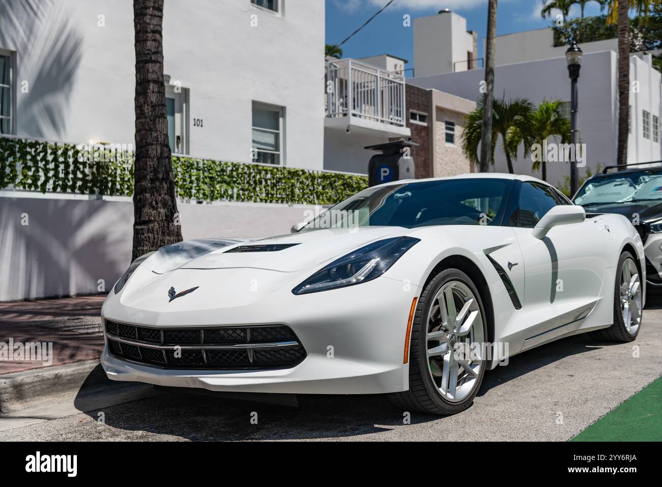 Miami Beach, Florida USA - June 9, 2024: Chevy Corvette Stingray c7 at ocean drive miami beach ...