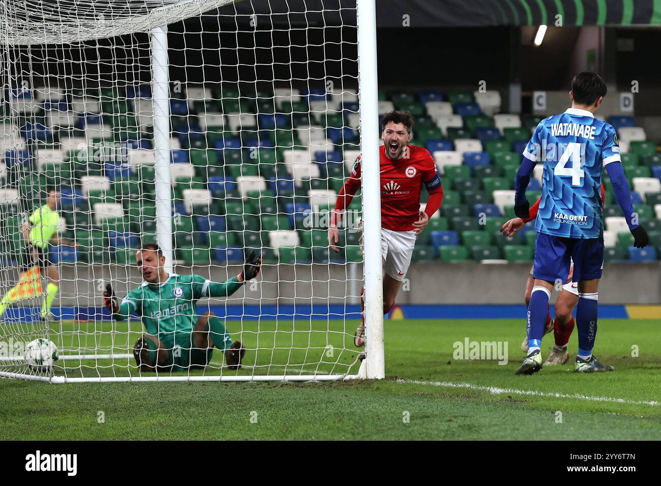Larne's Tomas Cosgrove celebrates scoring their side's first goal of ...