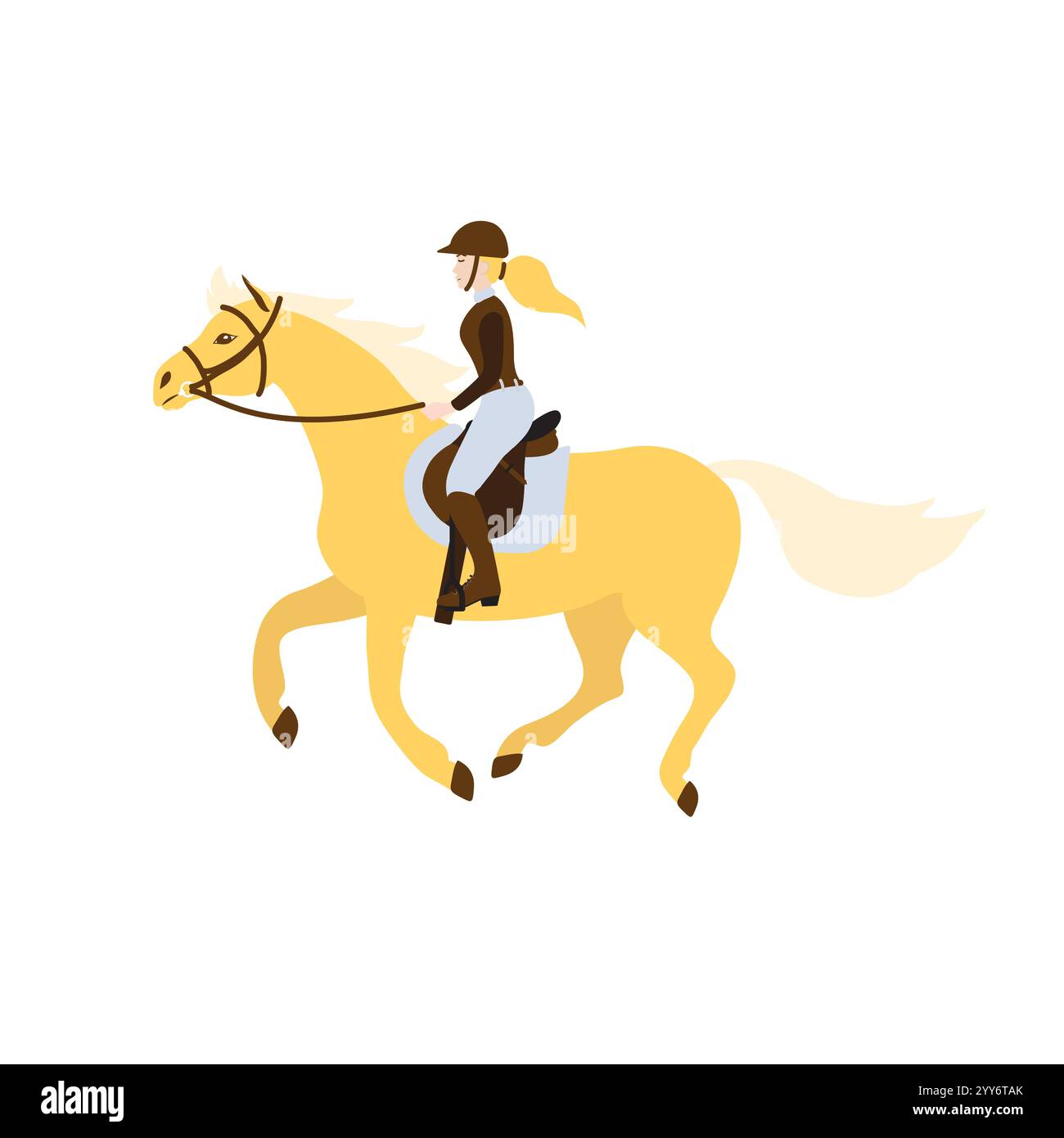 Vector flat cartoon blond girl woman riding a galloping horse in show ...