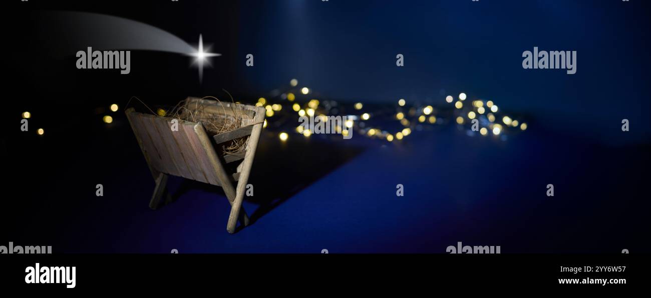 Nativity Scene. A serene nativity scene with a star and fairy lights ...
