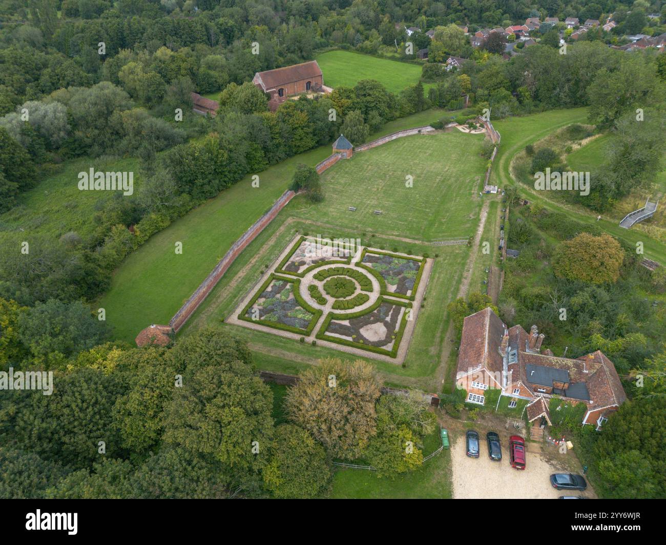 Aerial view of the walled Jacobean garden in the grounds of Basing ...