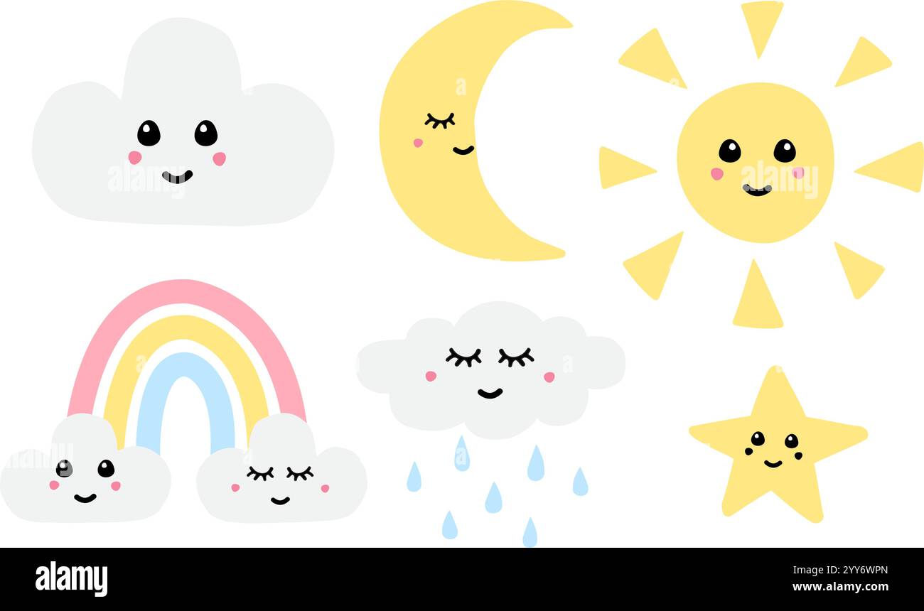 Vector set bundle of colored hand drawn doodle sketch weather symbols ...