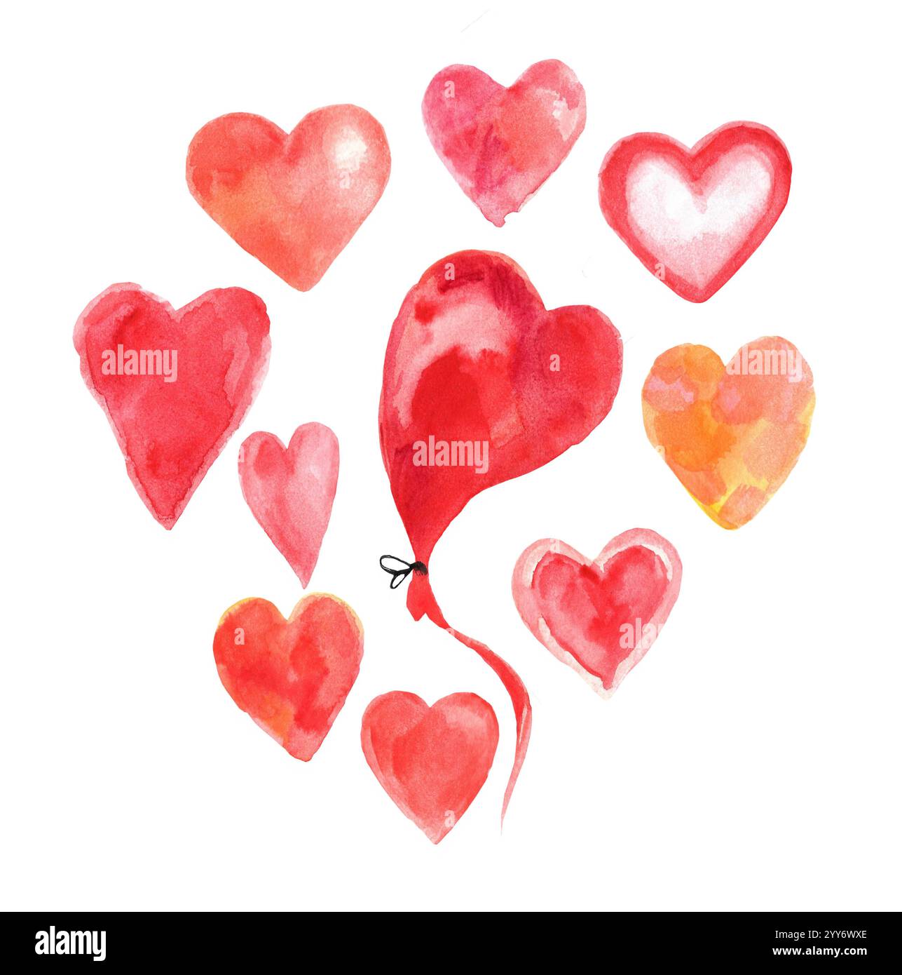 Set of watercolor hearts painted with brushes. Hearts are painted with ...