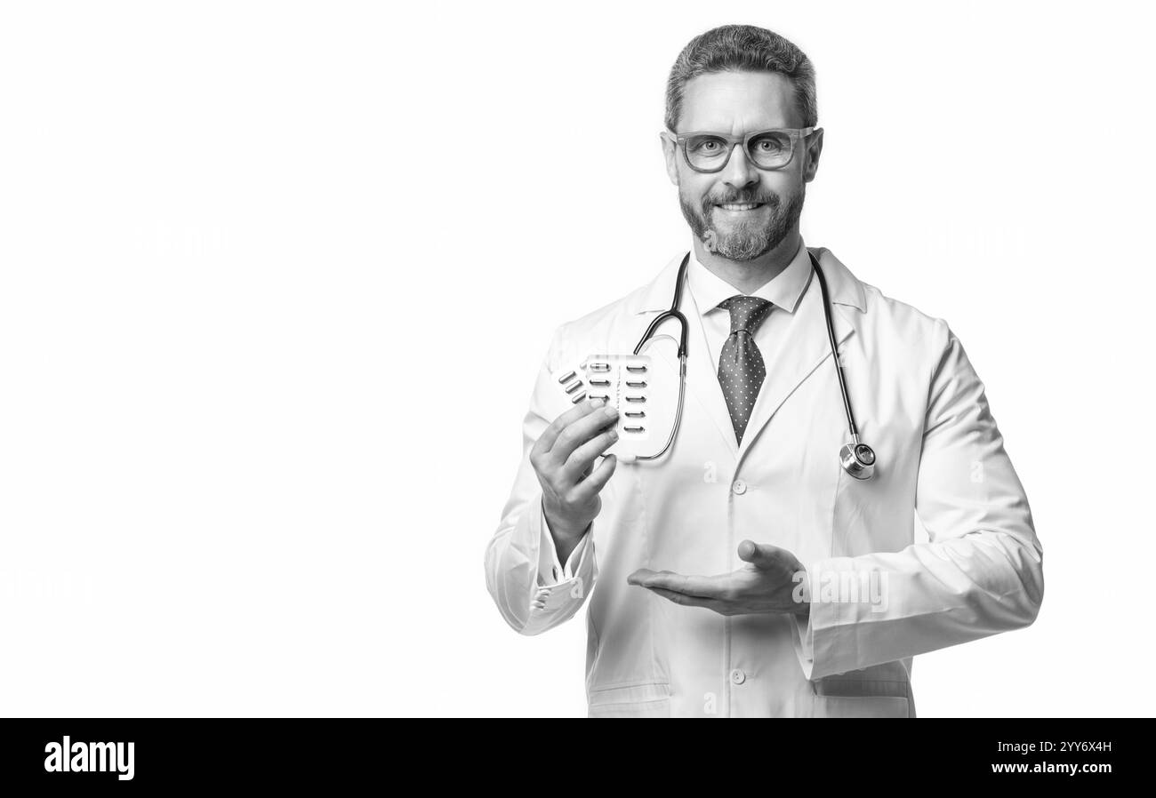medicine doctor with medication isolated on white, copy space. medicine ...