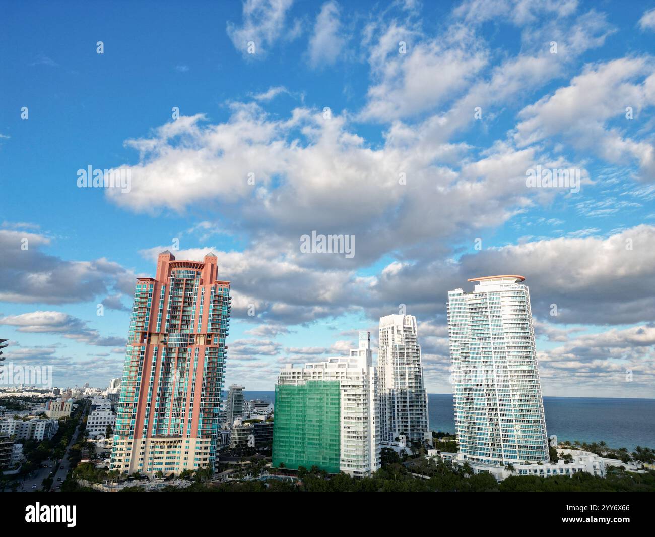Miami South beach landscape on dramatic sky. Aerial on Miami skyscraper ...
