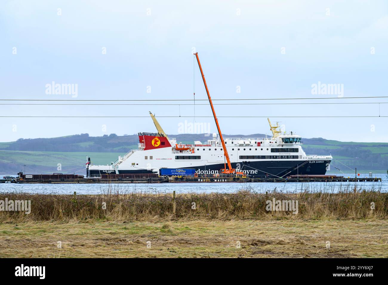 Glen Sannox ferry berthed at Fairlie Quay following construction at ...
