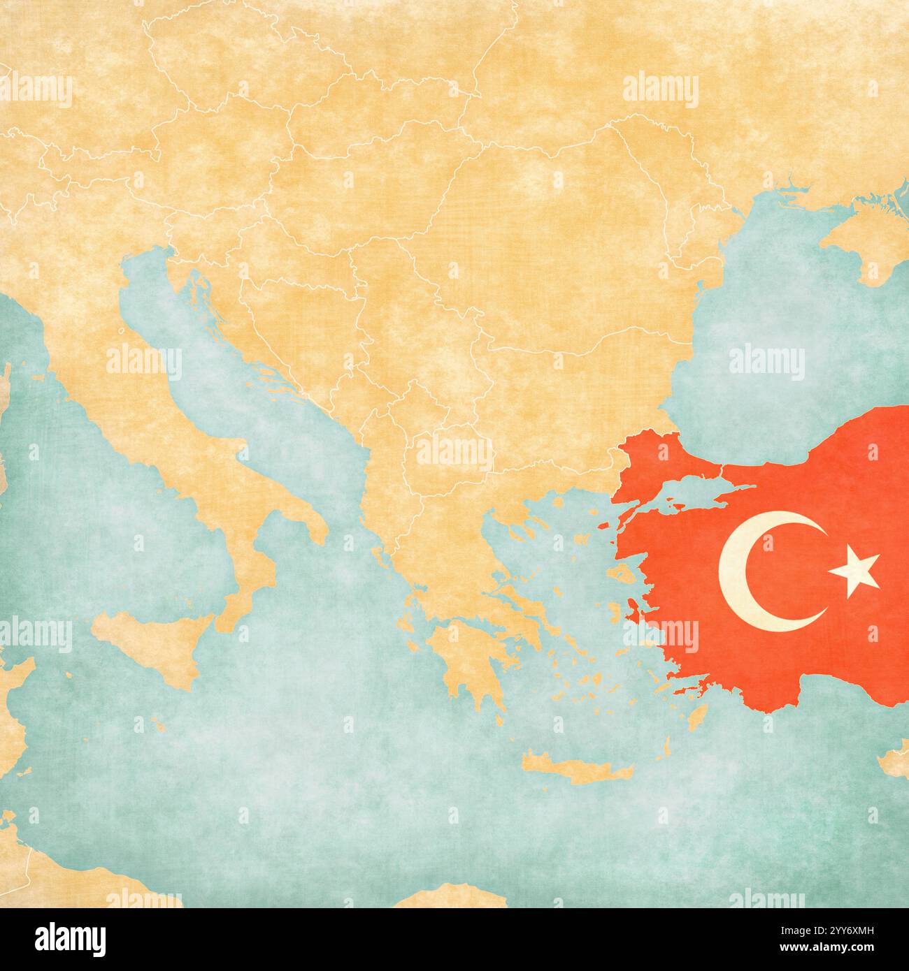 Turkey colored with the flag on the map of Balkans in soft grunge and ...