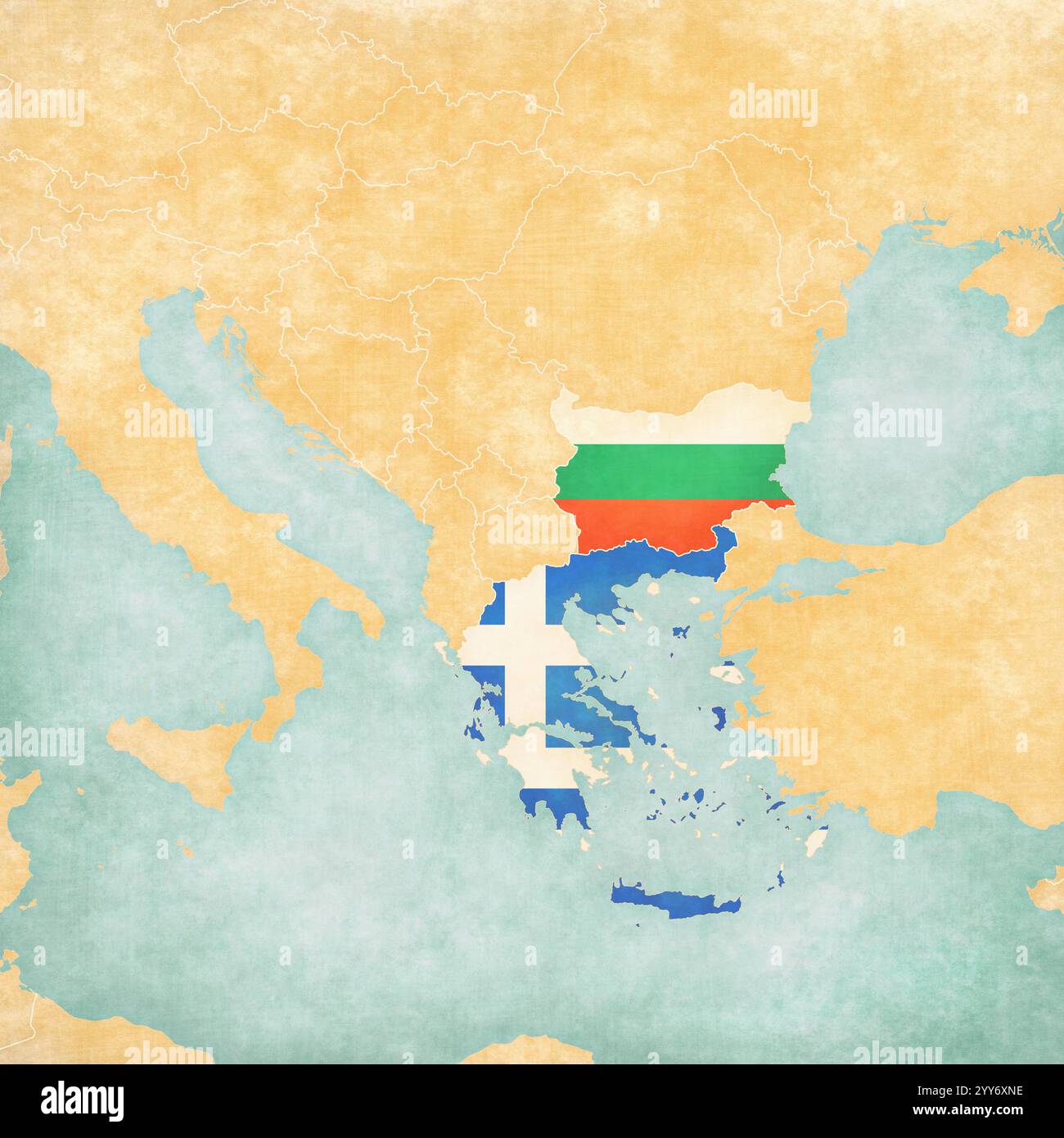 Greece and Bulgaria colored with the flag on the map of Balkans in soft ...