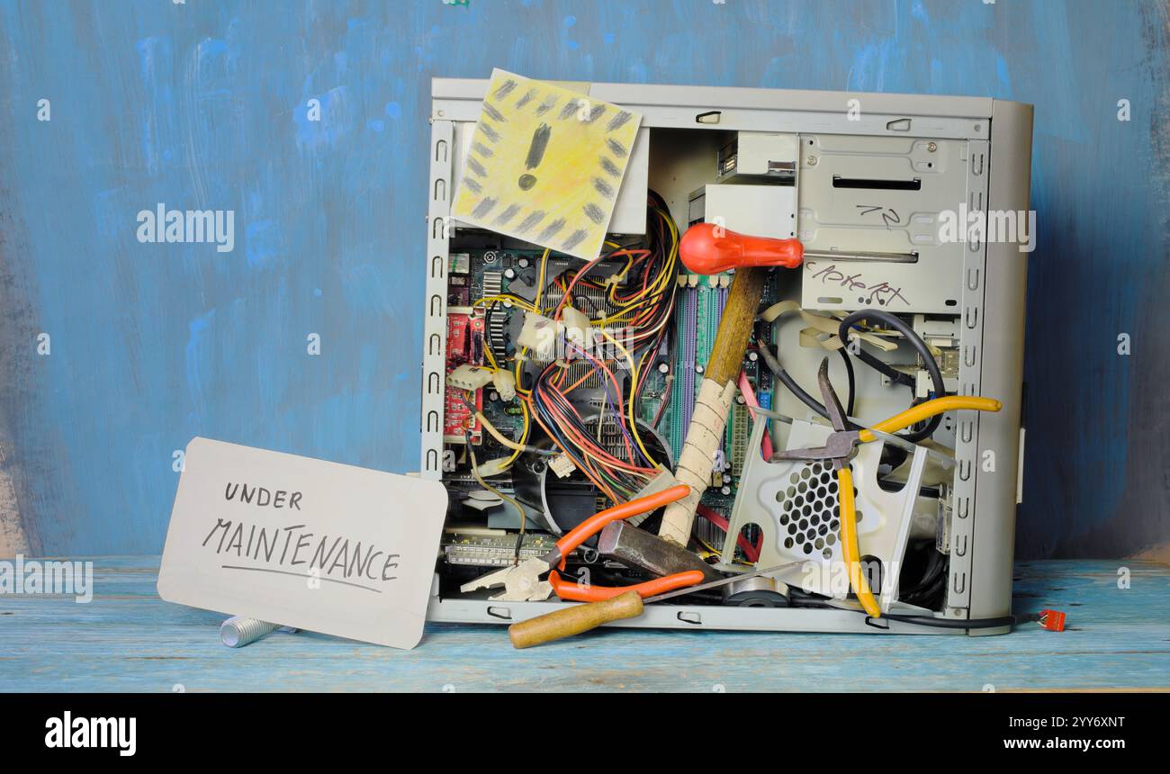Grungy demolished computer with ERROR sign,server glitch,offline ...