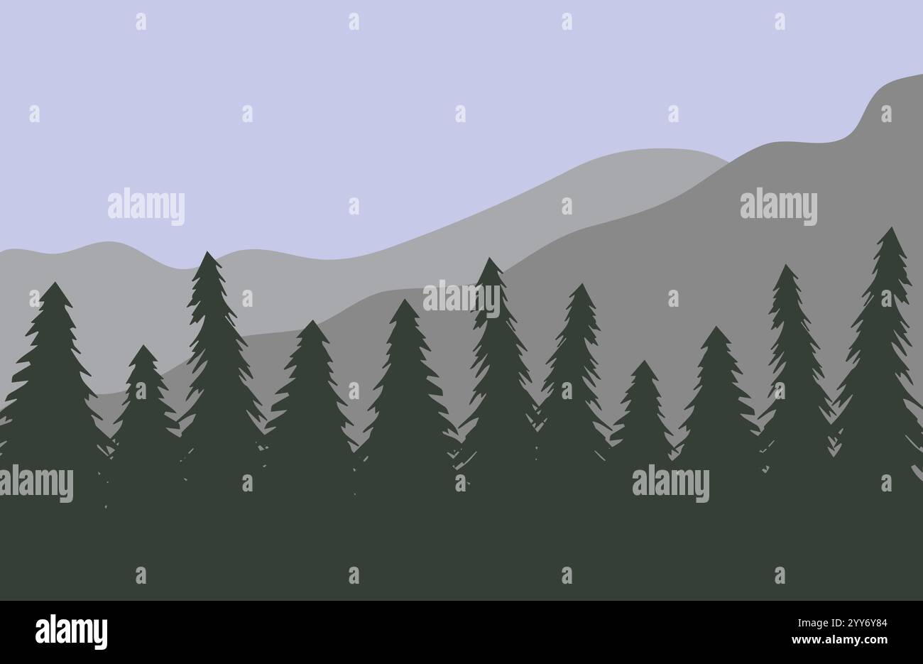 Vector flat cartoon landscape with spruce tree forest and mountains ...