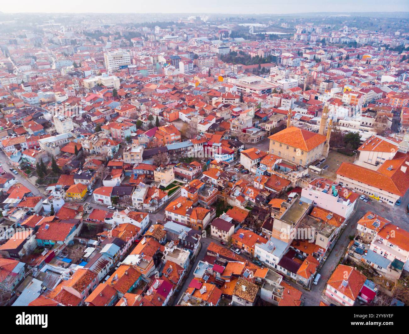 View from drone of residential districts and Great Mosque of Burdur ...