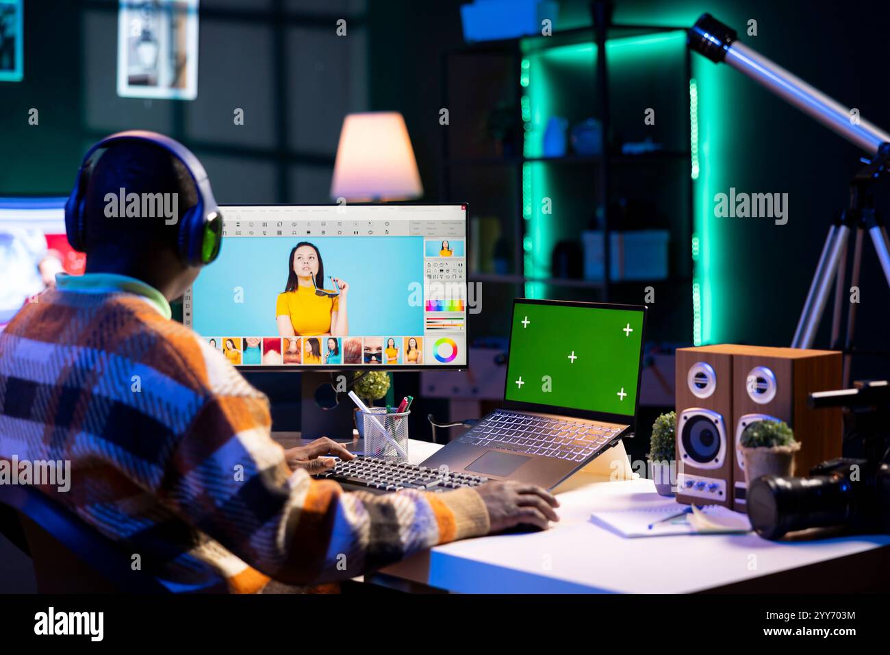 Male graphic artist using essential digital tools next to isolated ...