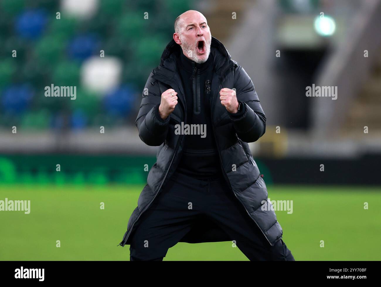 Larne manager Gary Haveron celebrates victory following full time in ...