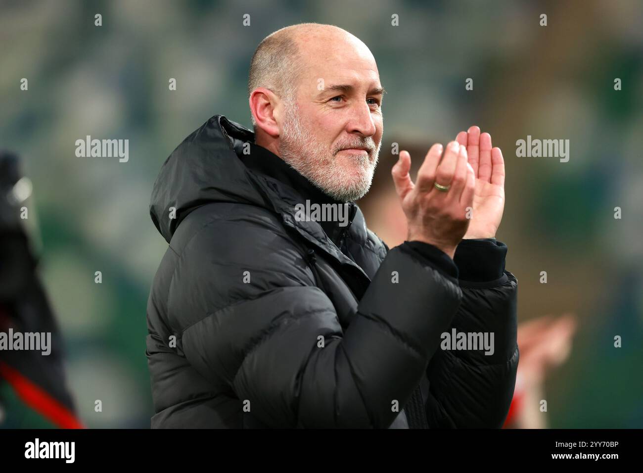 Larne manager Gary Haveron applaud the fans after the final whistle in ...