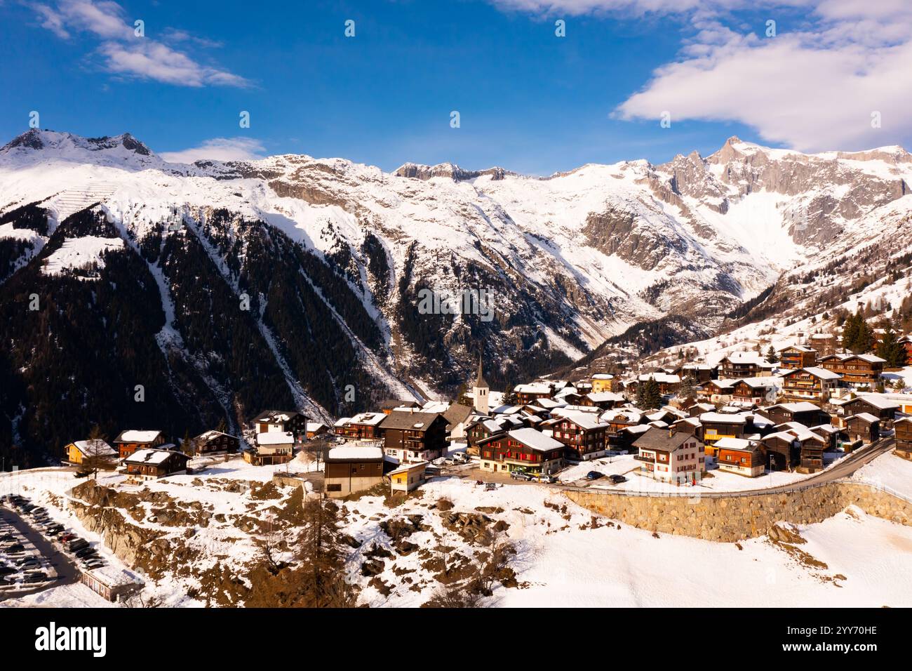 Aerial view of Swiss village Bellwald Stock Photo - Alamy