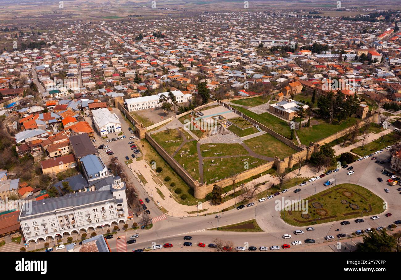 Aerial view of Telavi cityscape with Batonis Tsikhe Castle Stock Photo ...