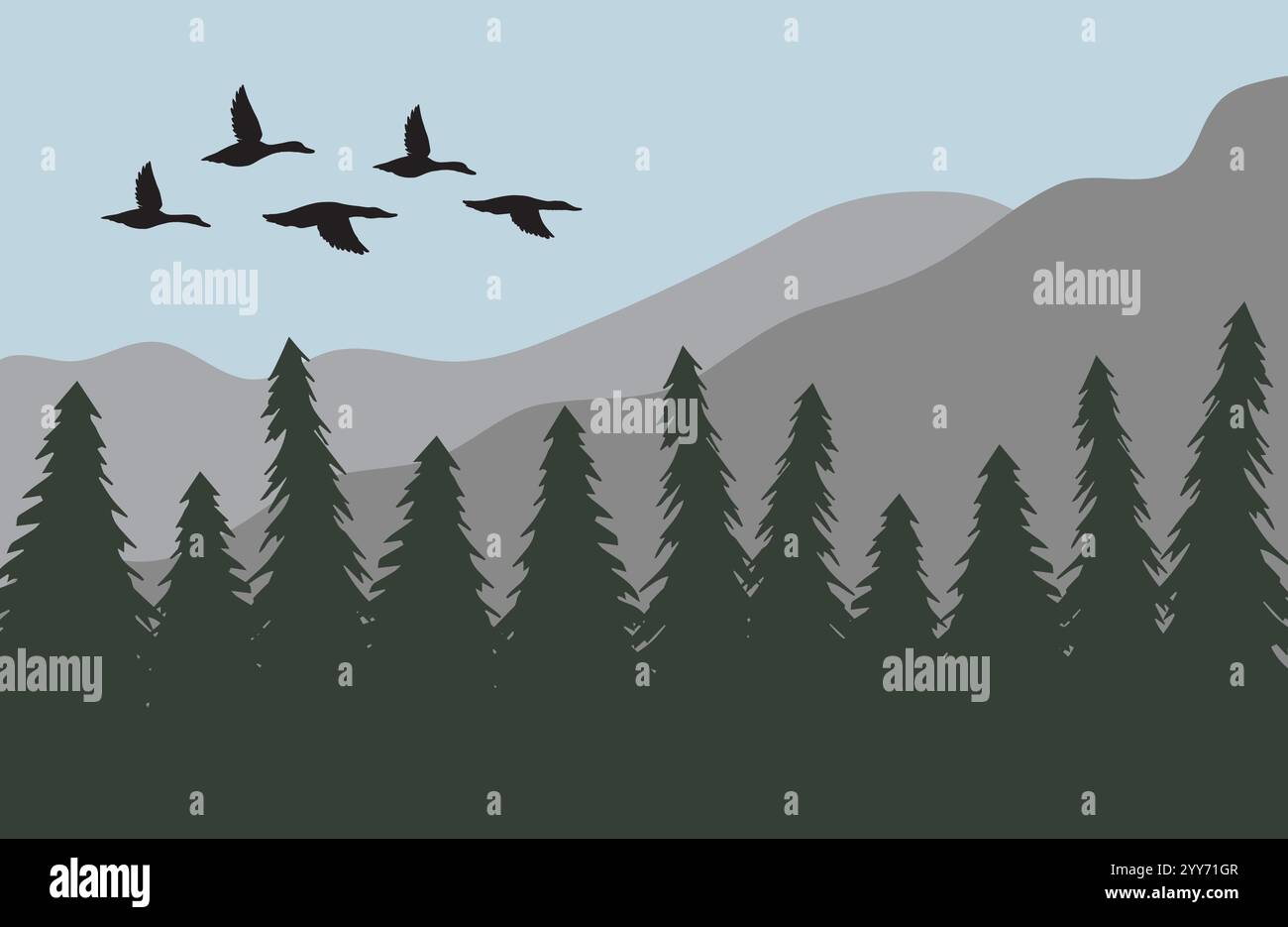 Vector duck flock silhouette isolated on flat cartoon landscape with ...
