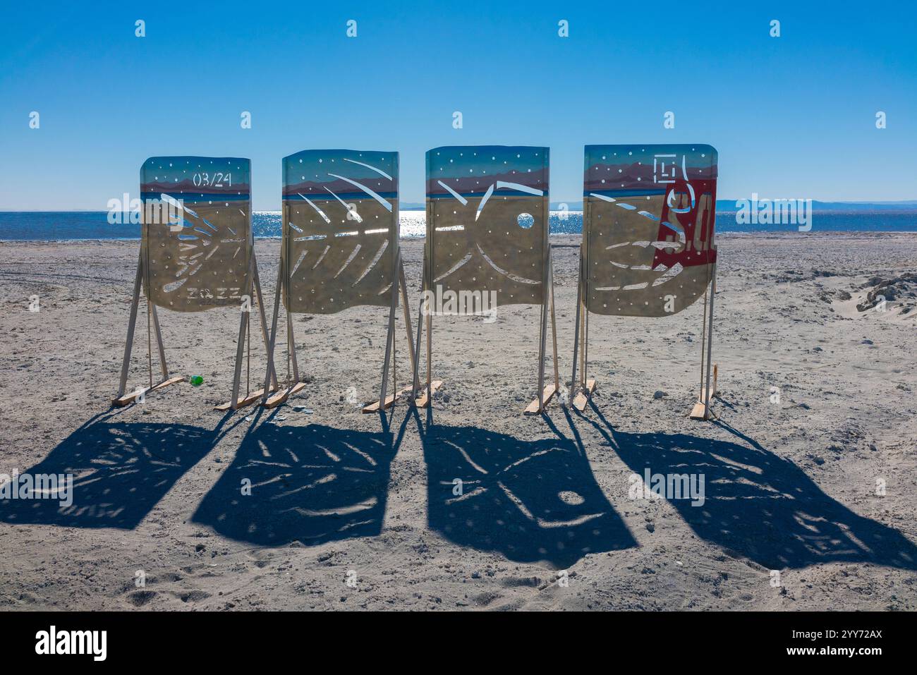 An enviromental art fish sign installation art at the Bombay Beach ...
