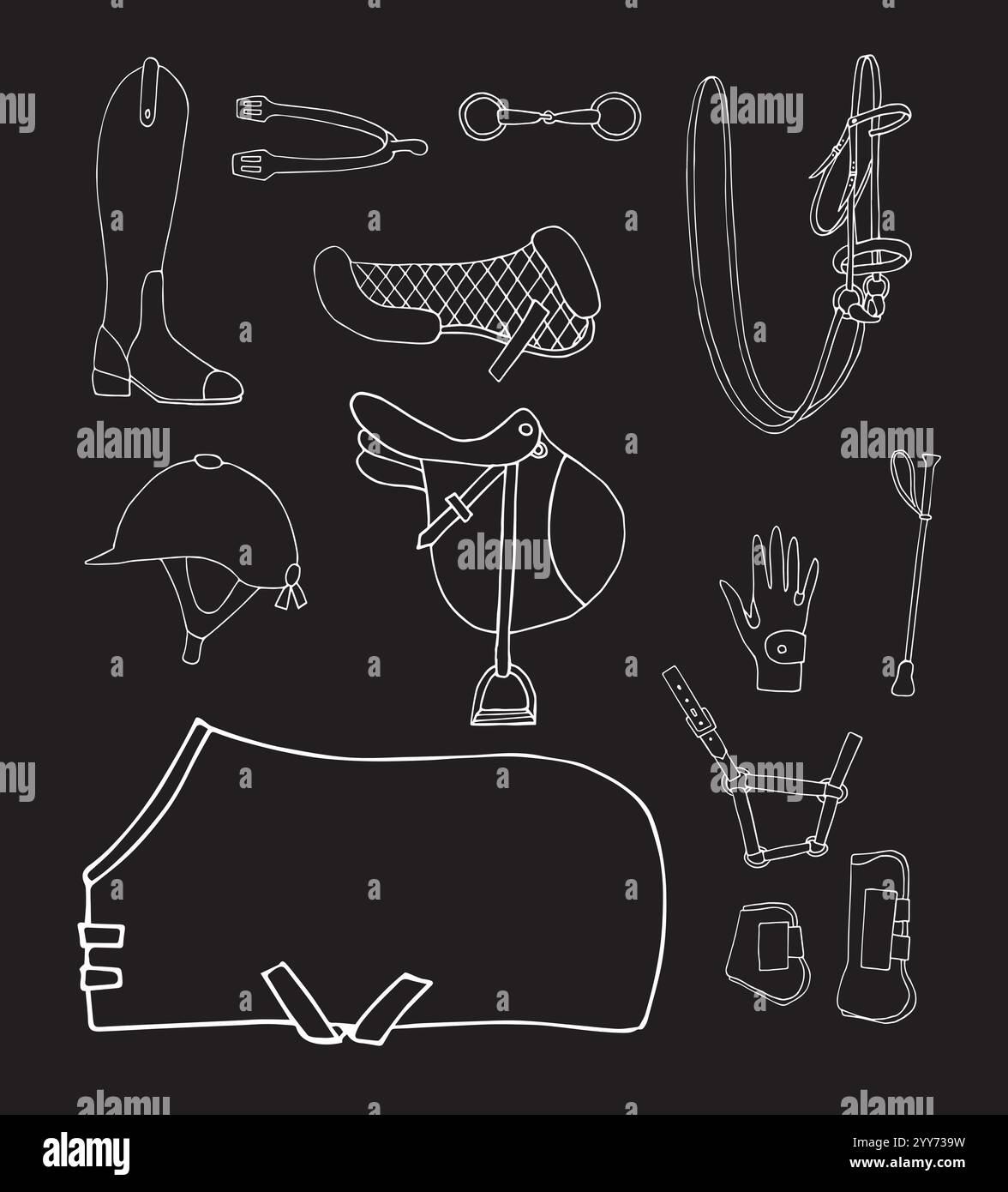 Vector set bundle of white hand drawn doodle sketch horse riding equestrian equipment isolated ...