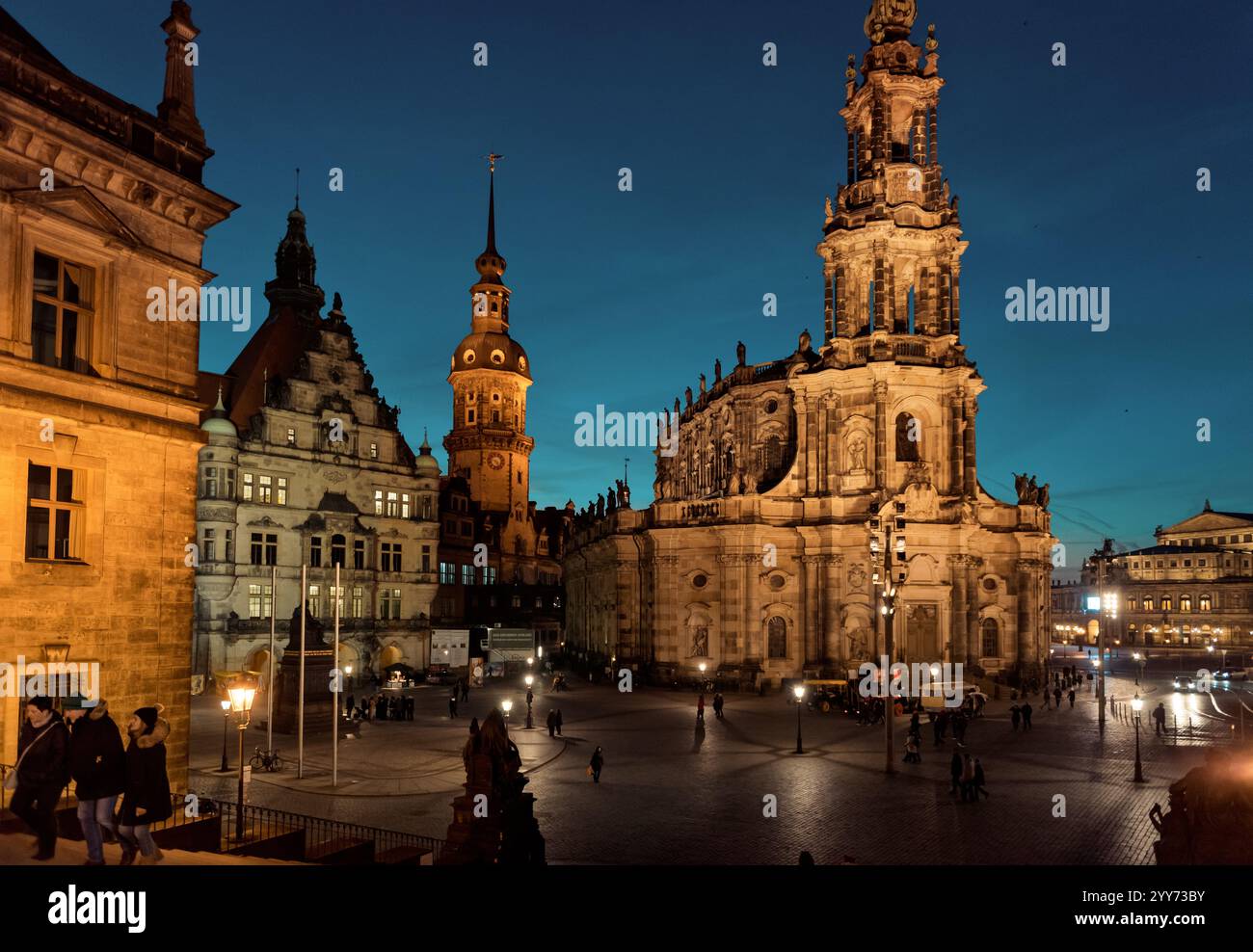 Dresden Schloßplatz at night - view from Brühl's Terrace. Royal Palace ...