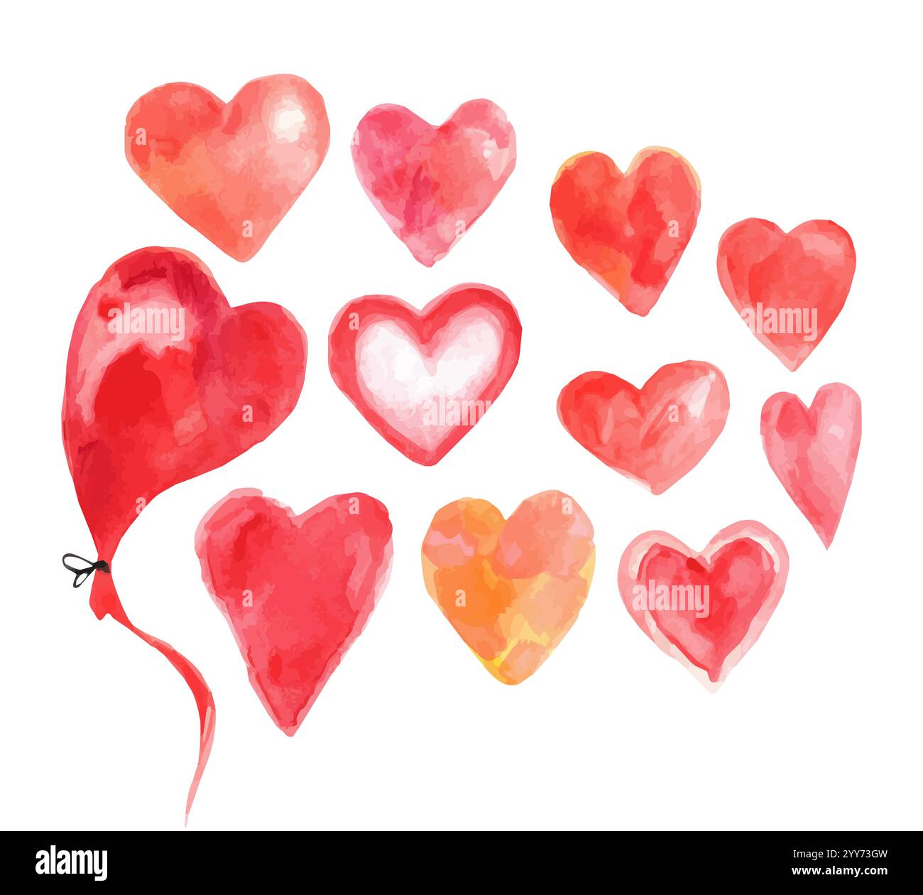 Set of watercolor hearts painted with brushes. Hearts are painted with ...