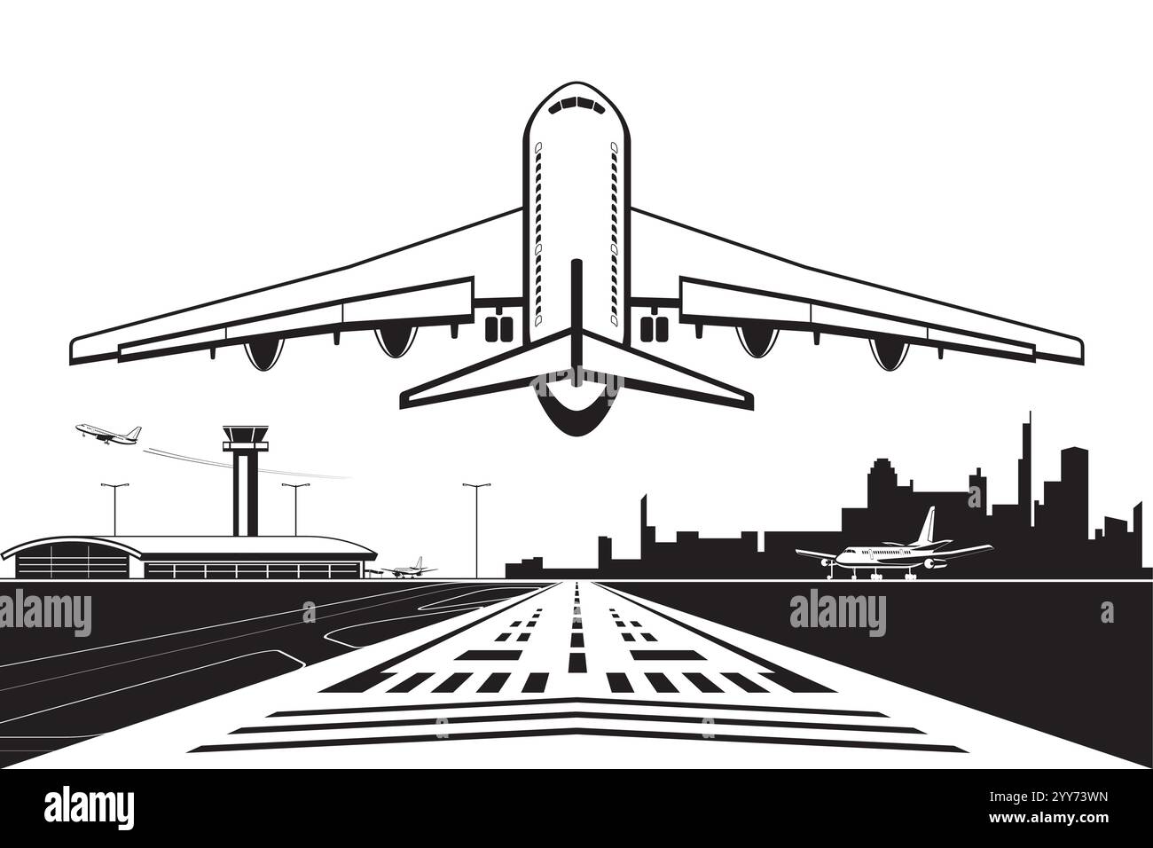 Passenger plane landing on runway at city airport – vector illustration ...