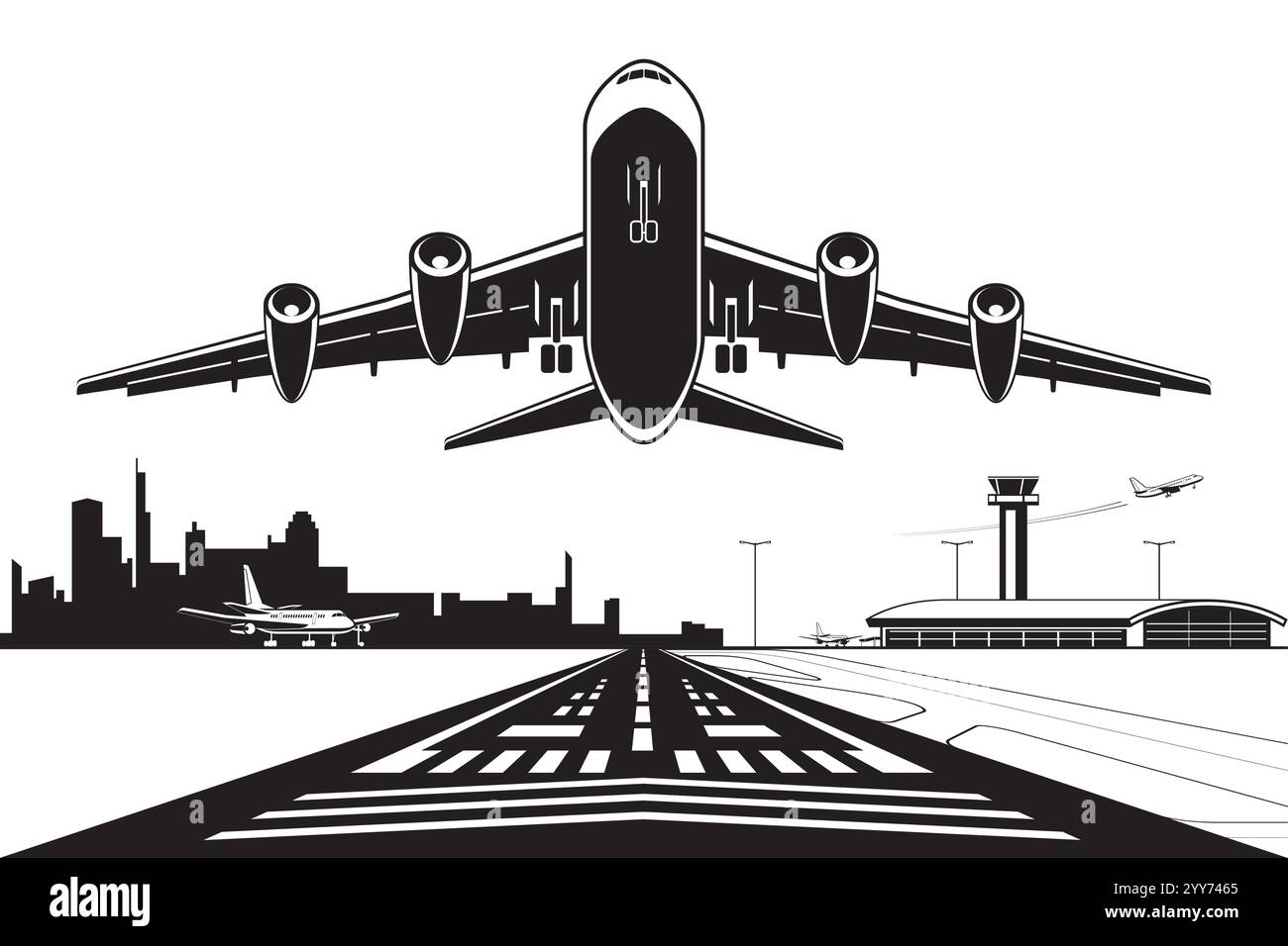 Passenger plane taking off from runway at city airport – vector ...