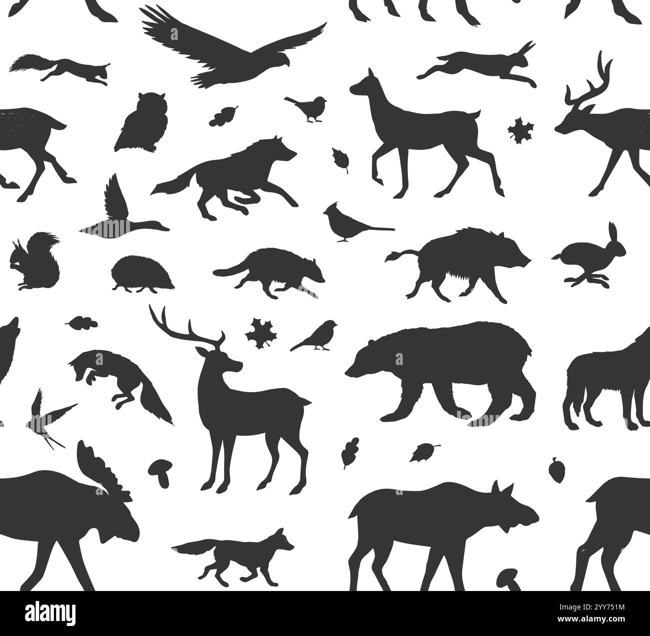 Vector seamless pattern of hand drawn wild forest animals silhouette ...