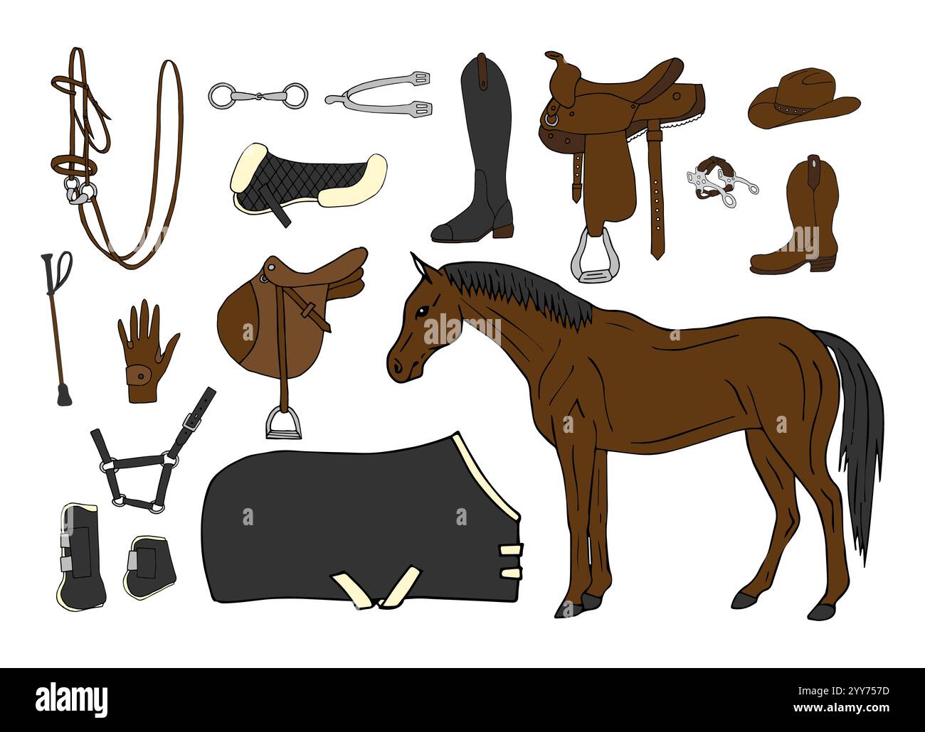 Vector set bundle of colored hand drawn doodle sketch horse riding equestrian equipment isolated ...