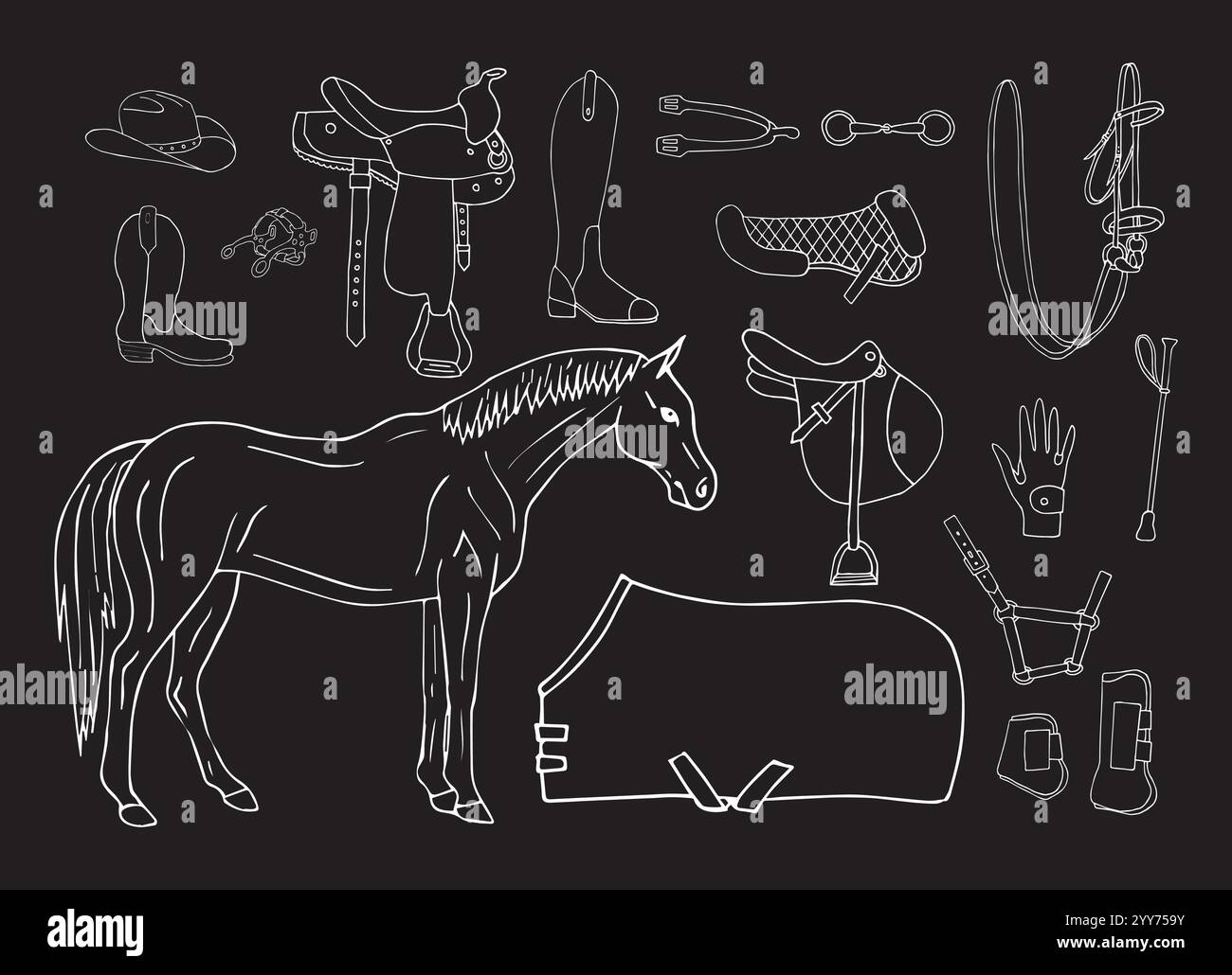 Vector set bundle of white hand drawn doodle sketch horse riding equestrian equipment isolated ...