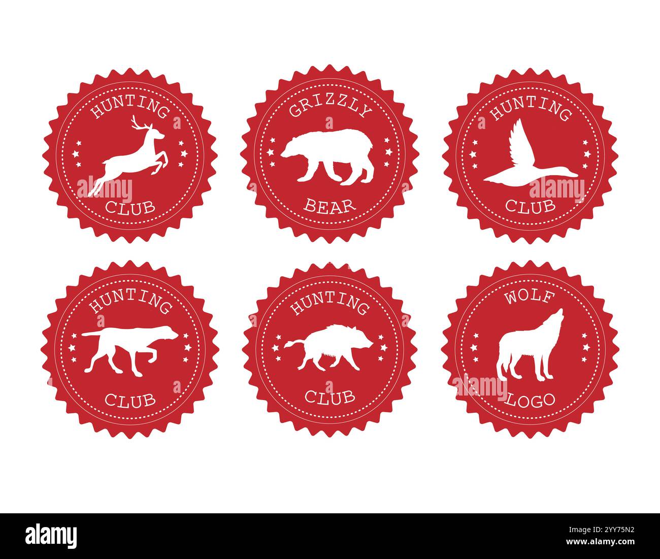 Vector set bundle of red colored flat retro round hunting logo with ...