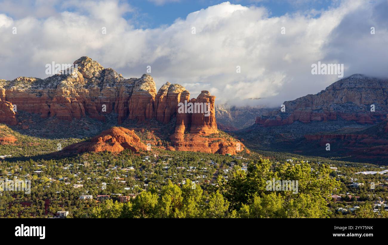 Sedona formations dusted with snow make a festive Winter scene. Arizona ...