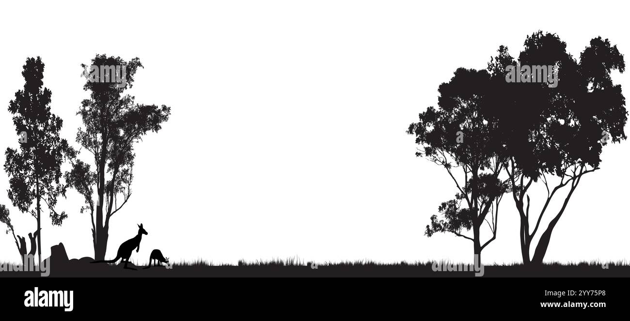 Various shapes of black silhouettes of Australian gum trees against a ...