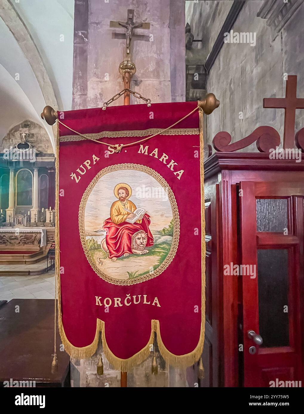 Korcula, Croatia - June 30, 2024: Saint Mark Cathedral. Painted textile ...