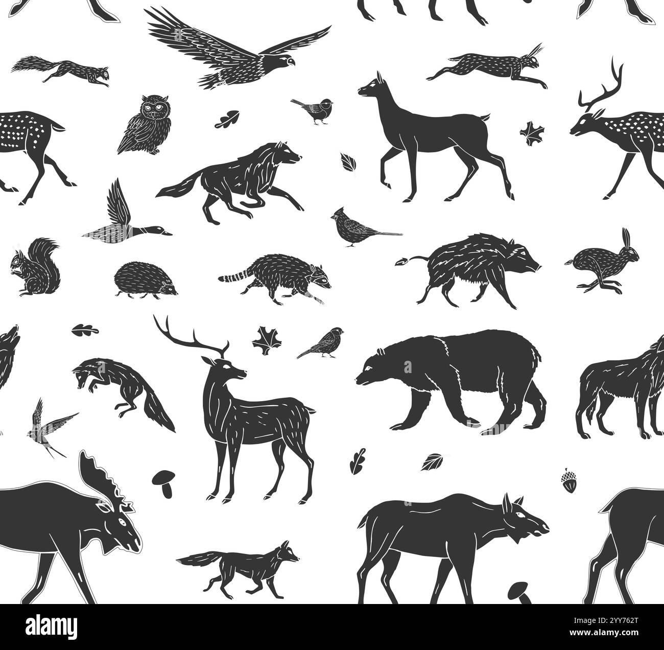 Vector seamless pattern of black hand drawn doodle sketch wild forest ...