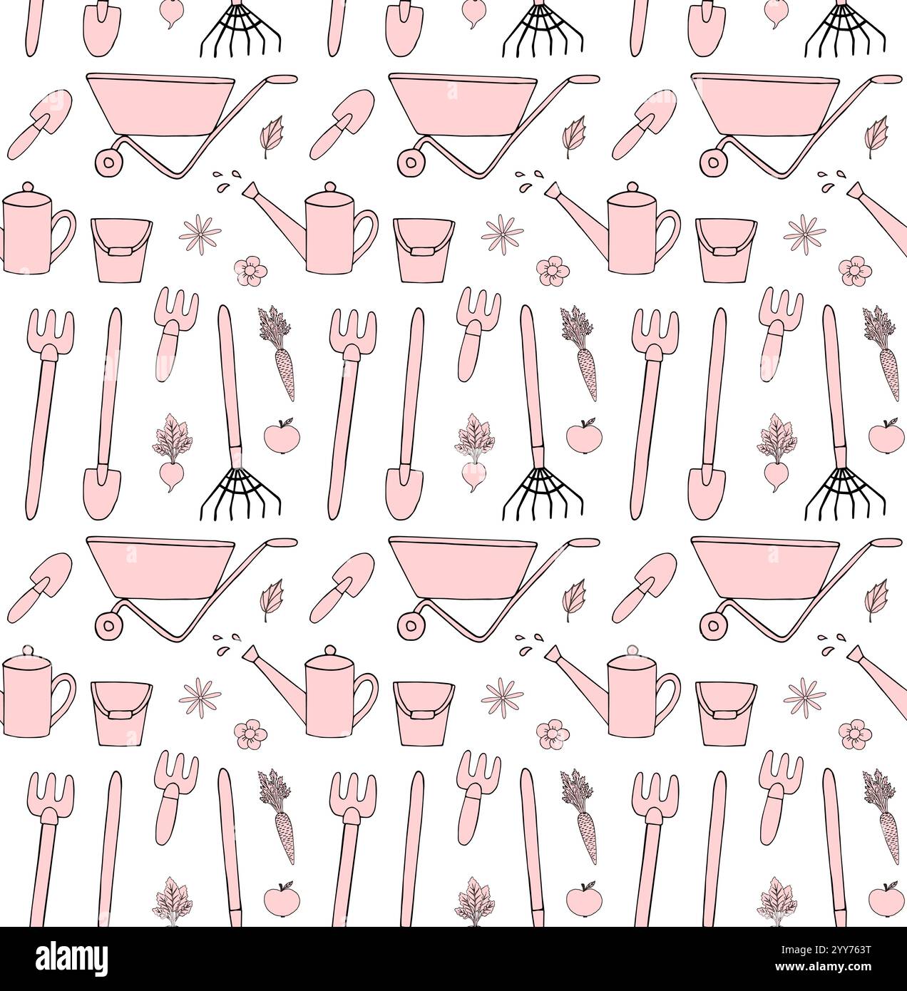 Vector seamless pattern of pink hand drawn doodle sketch gardening ...