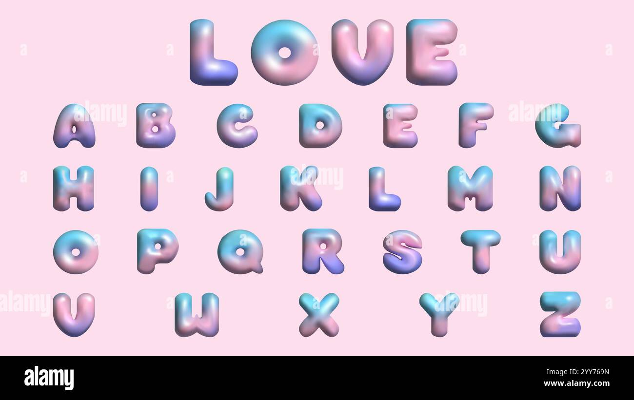 3D letters the English alphabet Y2K style. Bubble font. Text Love ...