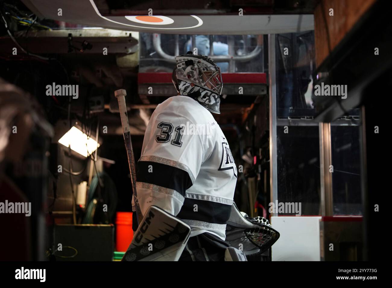 Los Angeles Kings' David Rittich walks to the ice before an NHL hockey ...