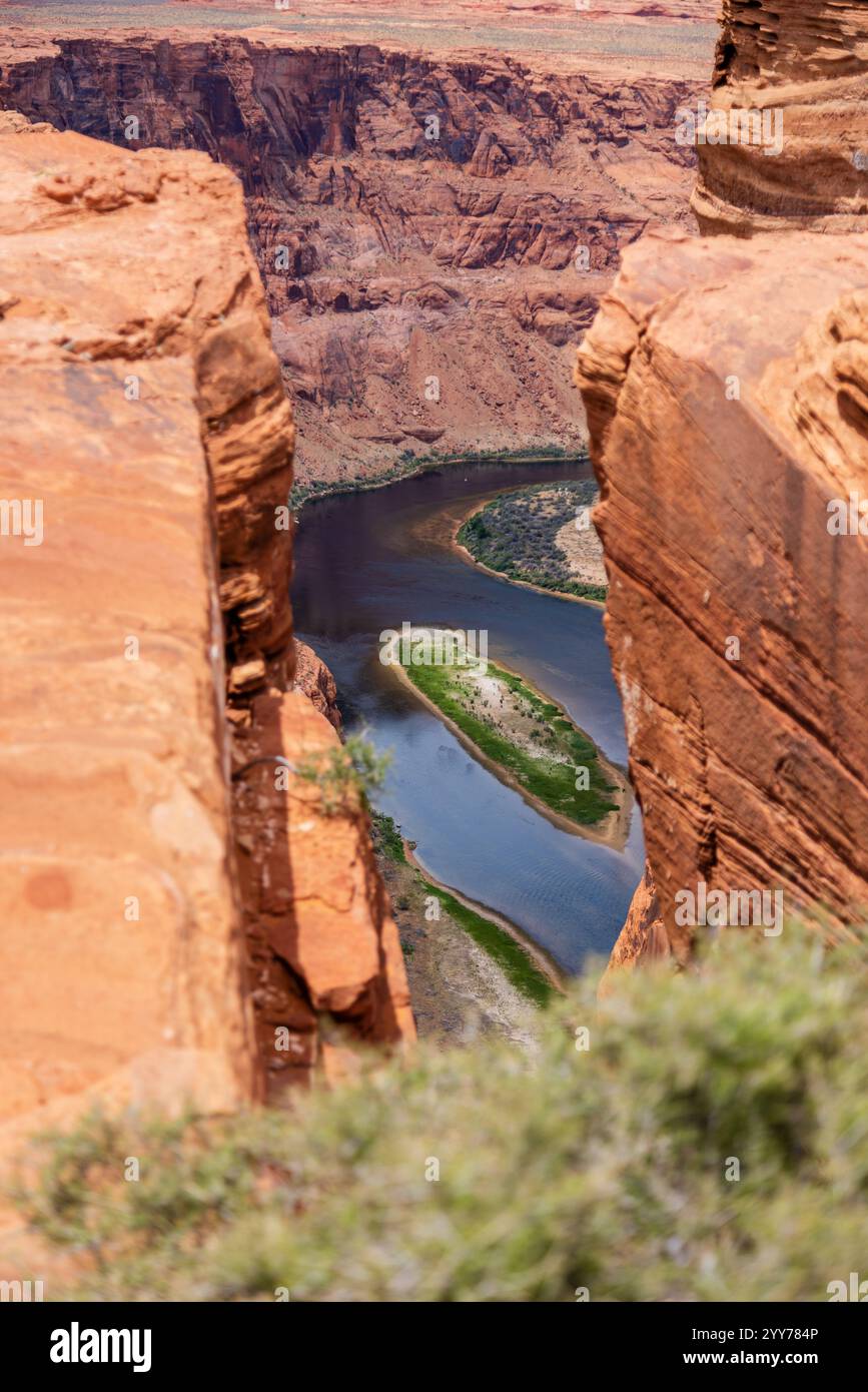 The upper Horshoe Bend seen through a gap in the cliffs. Page, Arizona ...