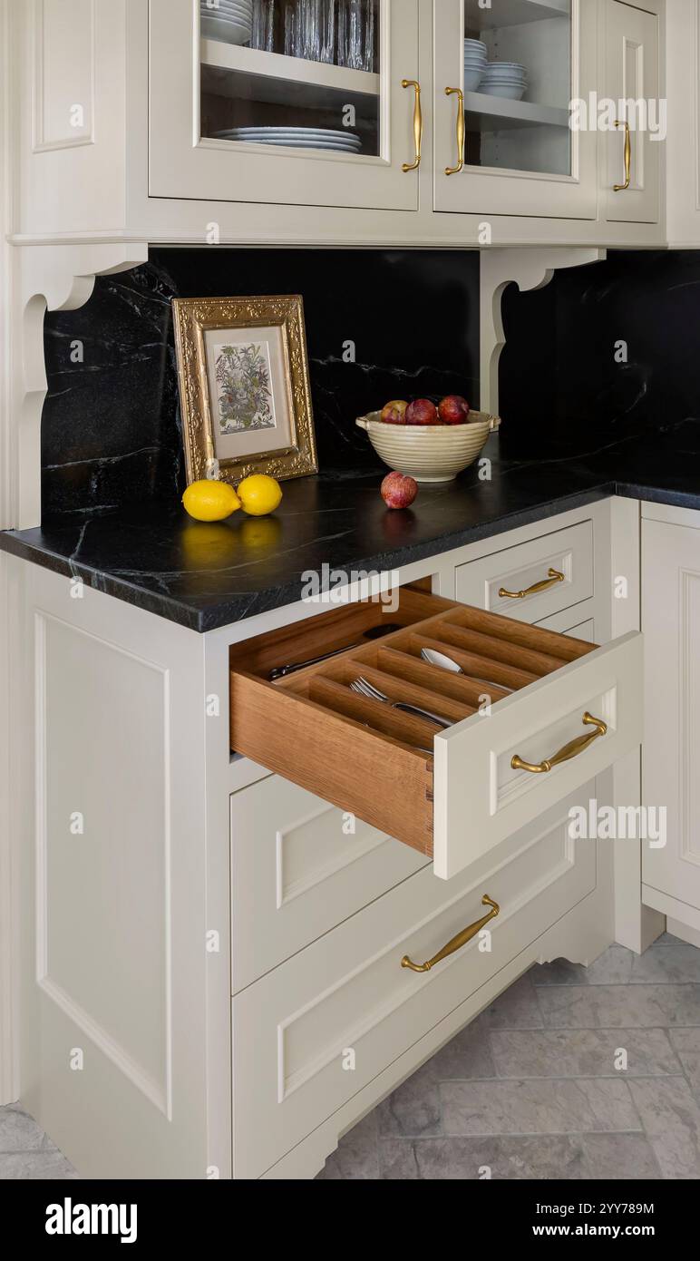 Close-up of kitchen cabinet and silverware drawer in butler's pantry ...