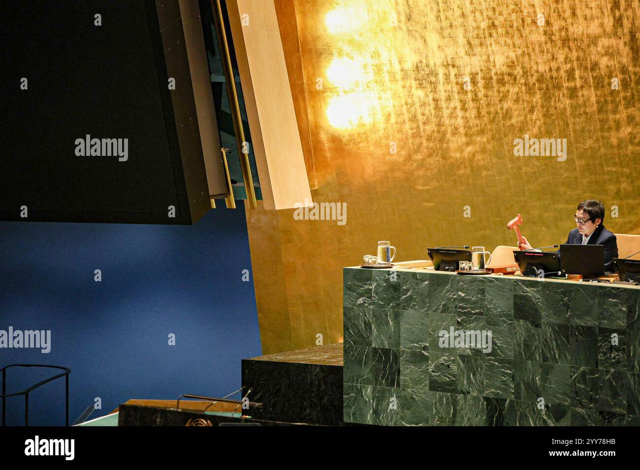 New York, New York, USA. 19th Dec, 2024. A UN representative hits the ...