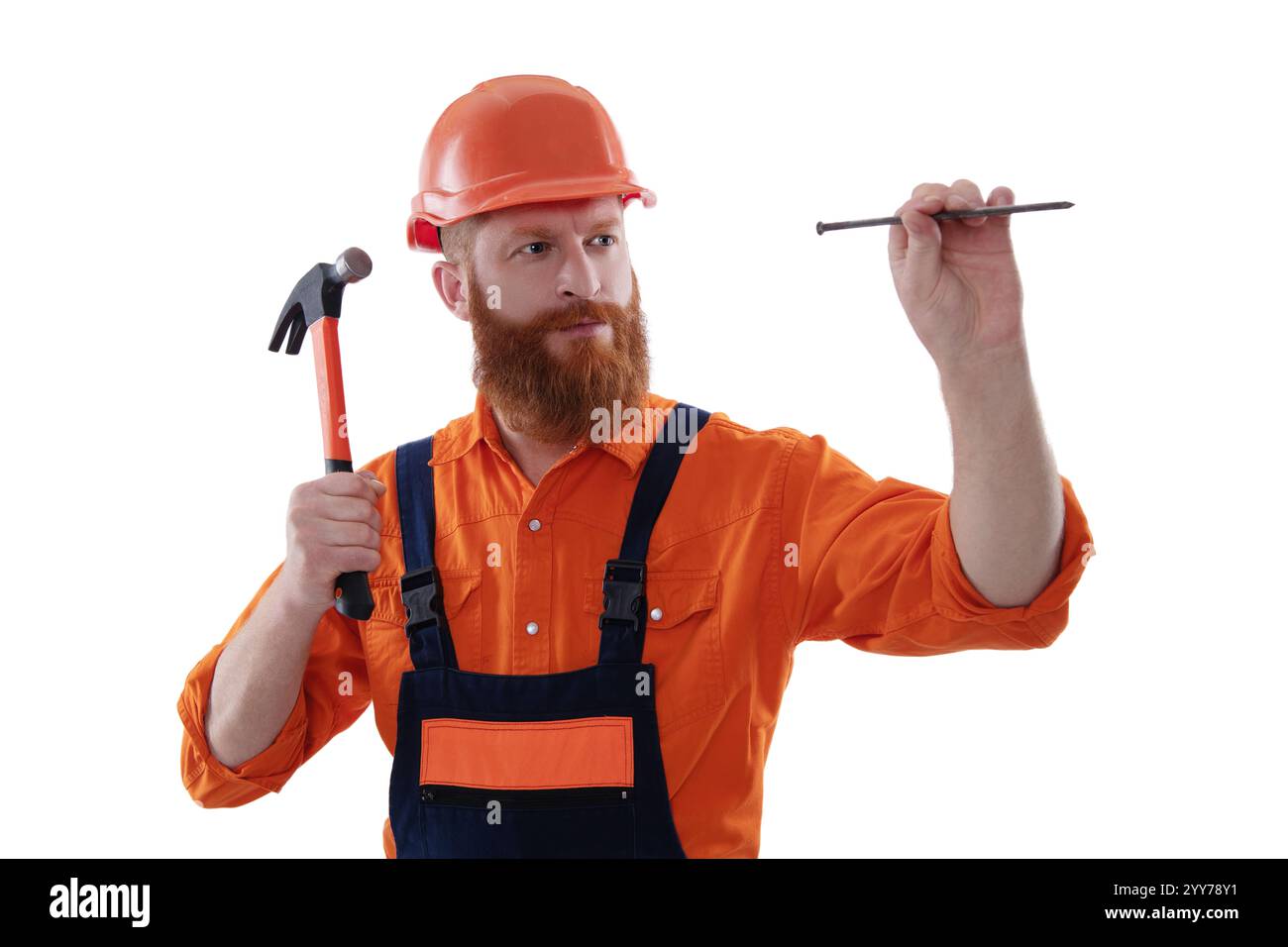Repair man. Man hold hammer nail. Carpentry and repairing. Repairman in ...