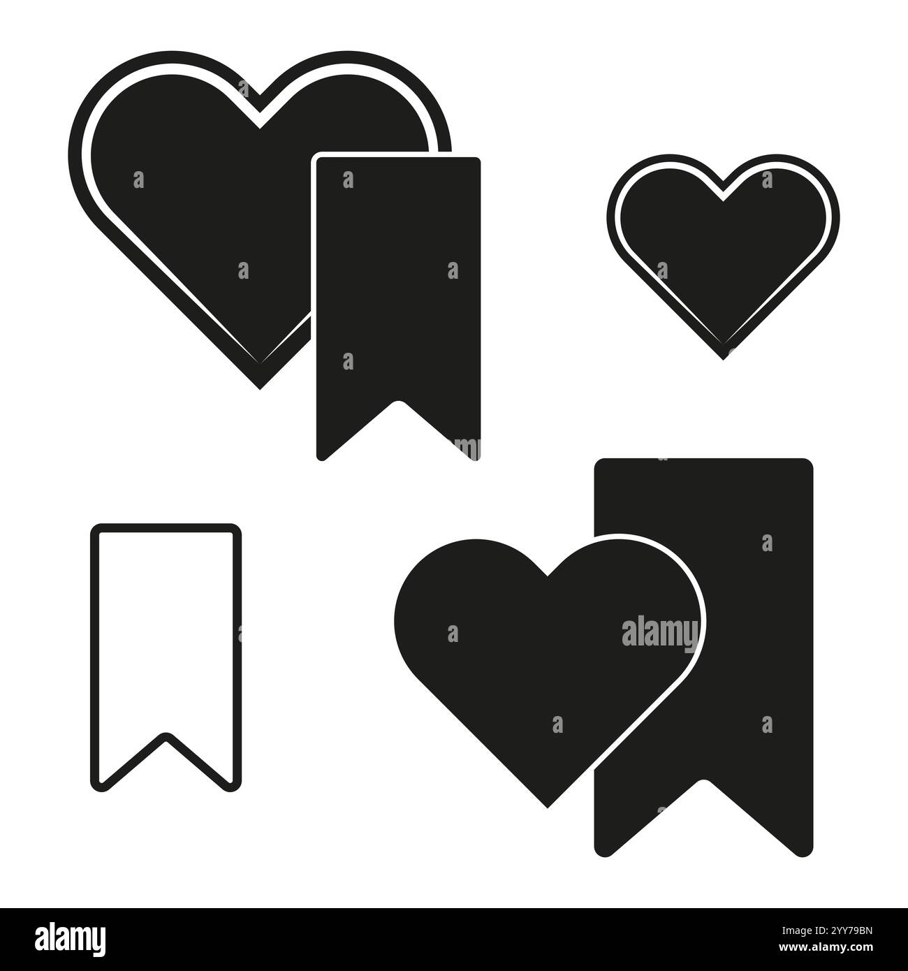 Heart and bookmark icons. Black and white designs. Vector heart symbols ...