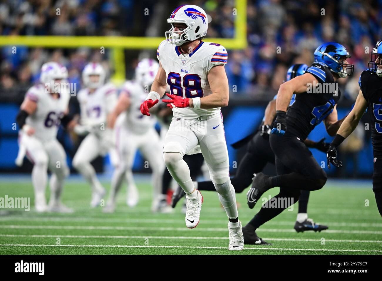 Buffalo Bills tight end Dawson Knox runs a route during the first half of an NFL football game ...