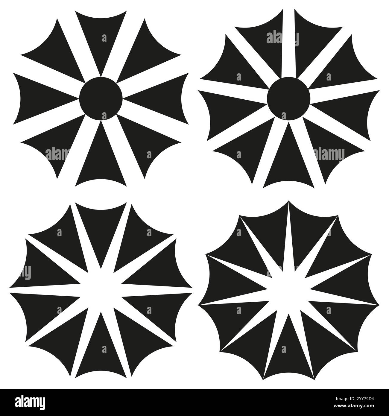 Abstract radial shapes. Geometric vector patterns. Black and white designs. Symmetric sharp ...