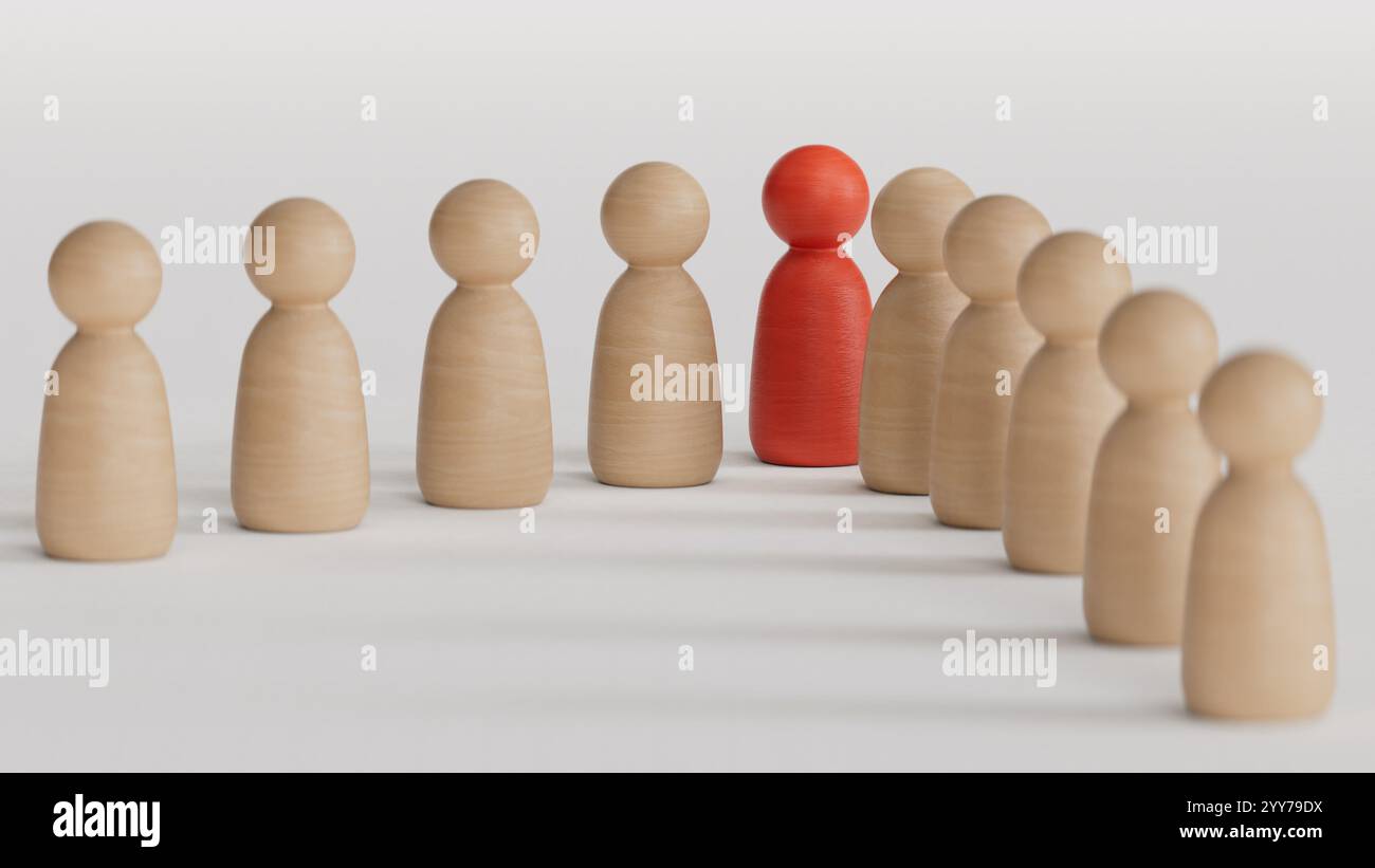 A 3d concept graphic depicting a red person standing out from the crowd ...